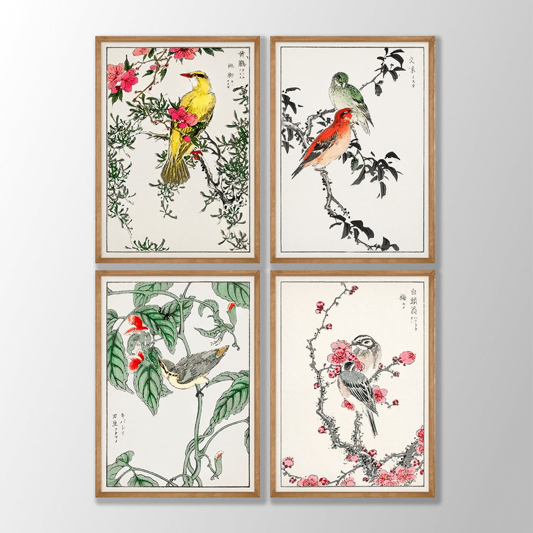Japanese Bird Print Set of 4 No:2- Vintage Bird Art, Japanese Flower ...
