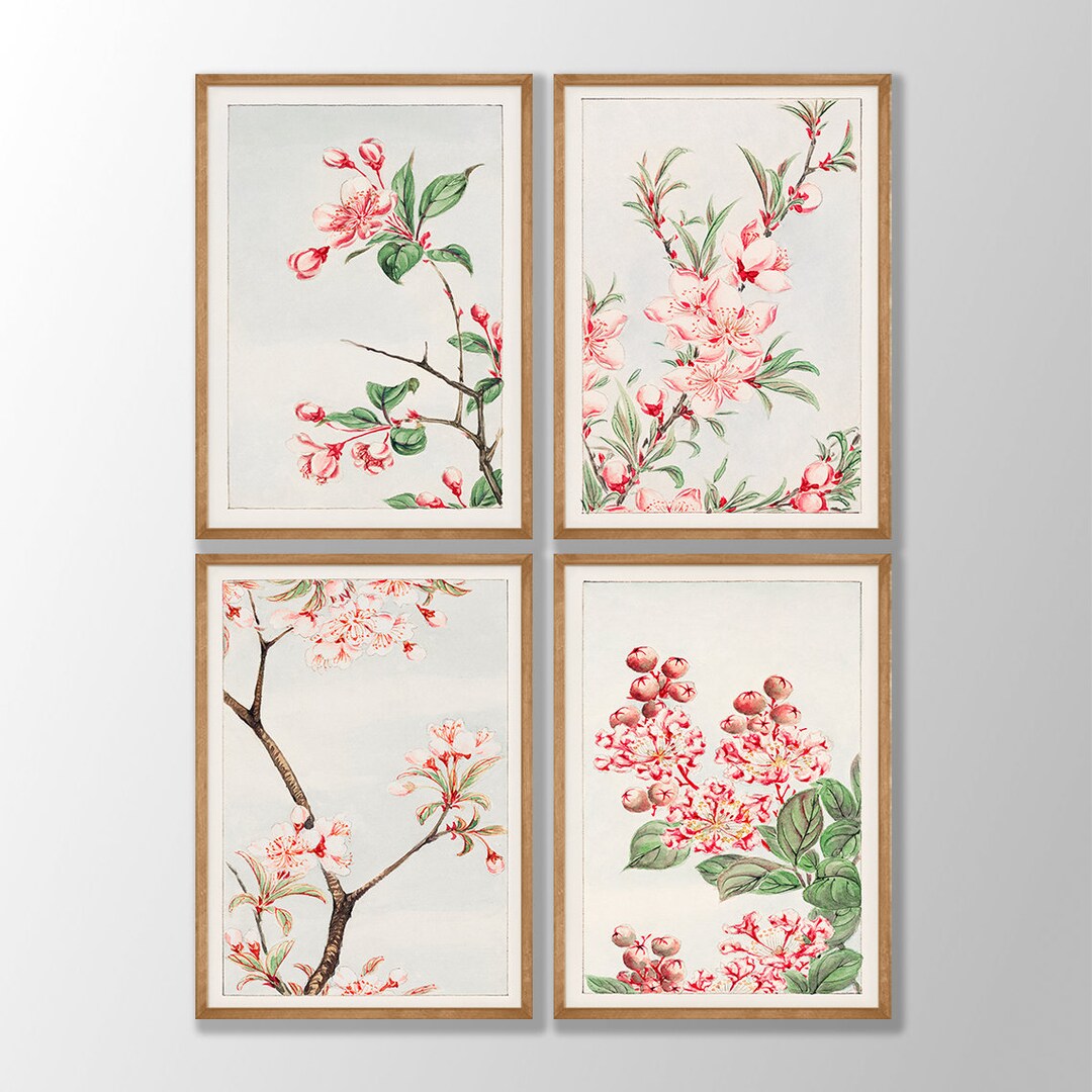 Japanese Flower Prints Set: Pink Botanical Art, Farmhouse Decor - Etsy