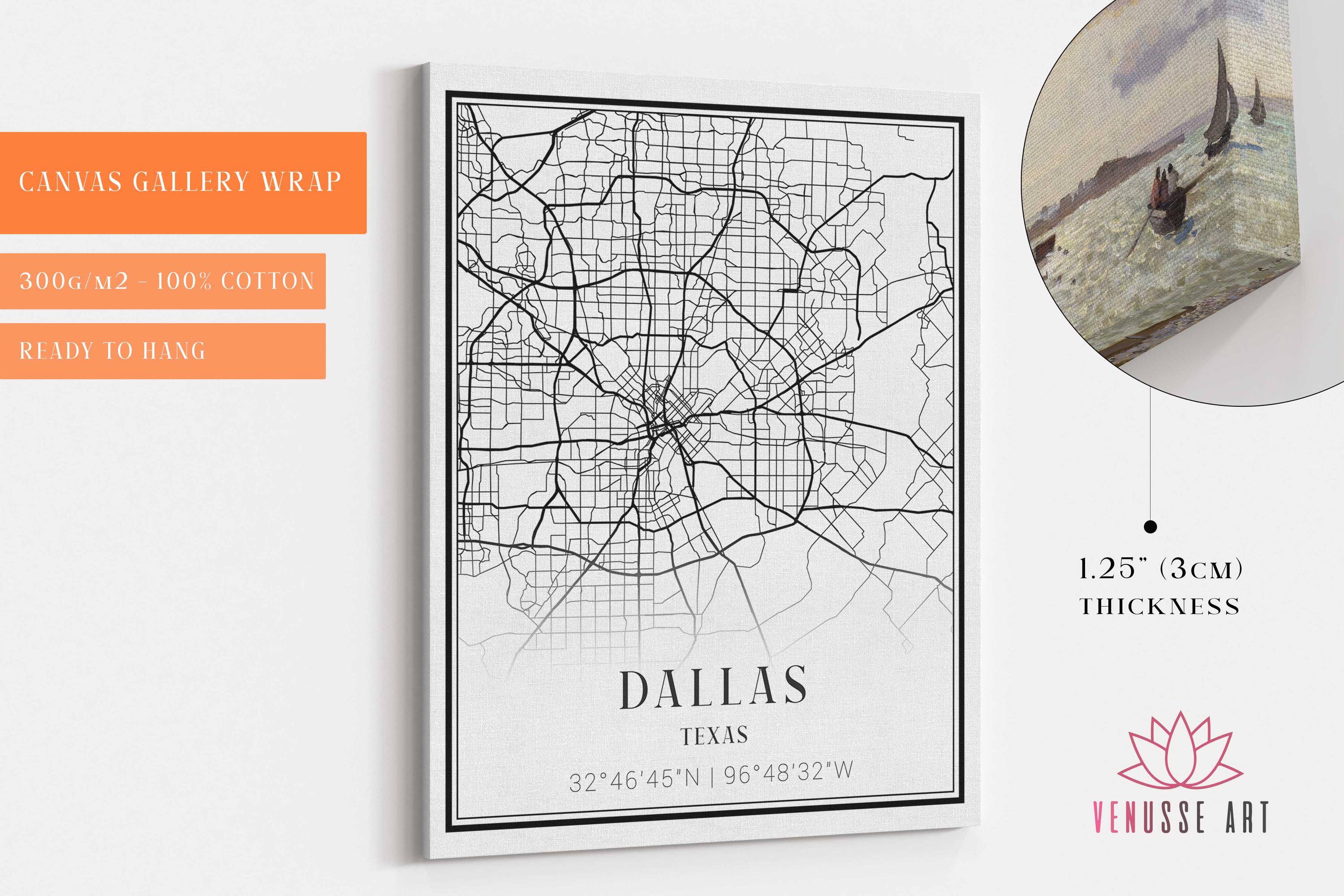Dallas City Map Poster: Minimalist Texas Wall Art, Frame & Canvas ...