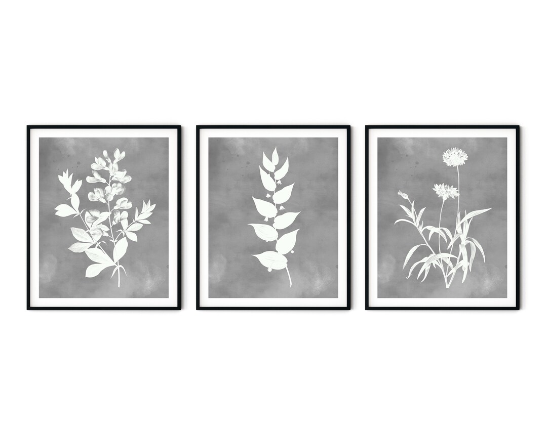 Gray Watercolor Flower Print Set of 3 - Botanical Wall Art, Farmhouse ...