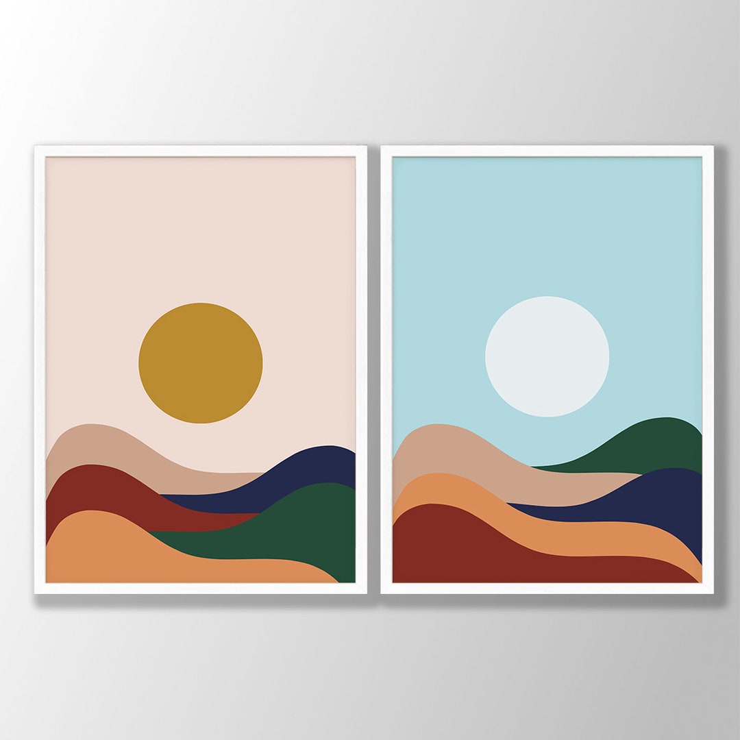 Boho Wall Art Set of 2 - Mountain Landscape Poster, Mountain Print Set ...
