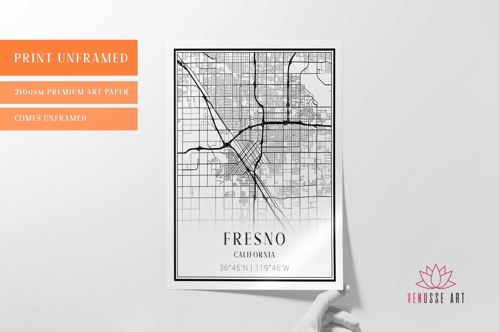 Mapa da cidade de Fresno impresso - Pôster minimalista de viagem pela ...