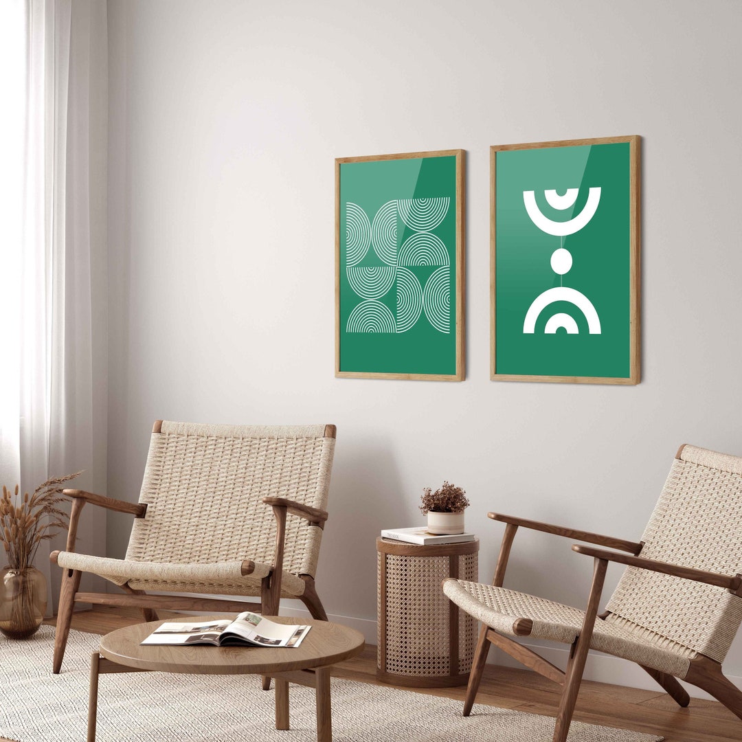Grüne geometrische Boho Prints 2er Set - Mid Century Modern Home Art, Abstrakte Wandkunst ...