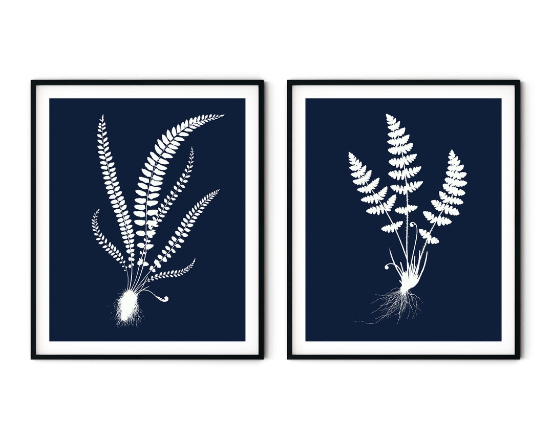 Navy Blue Fern Prints Set of 2 - Watercolor Fern Decor, Botanical Art ...