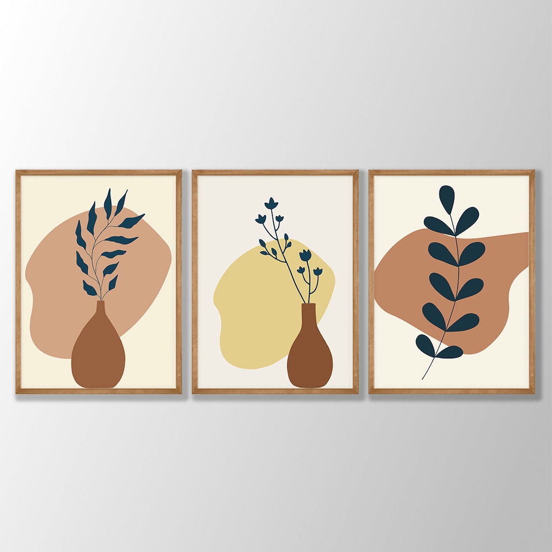 Boho Floral Prints Set of 3 No:2 - Mid Century Art Prints, Neutral Boho ...