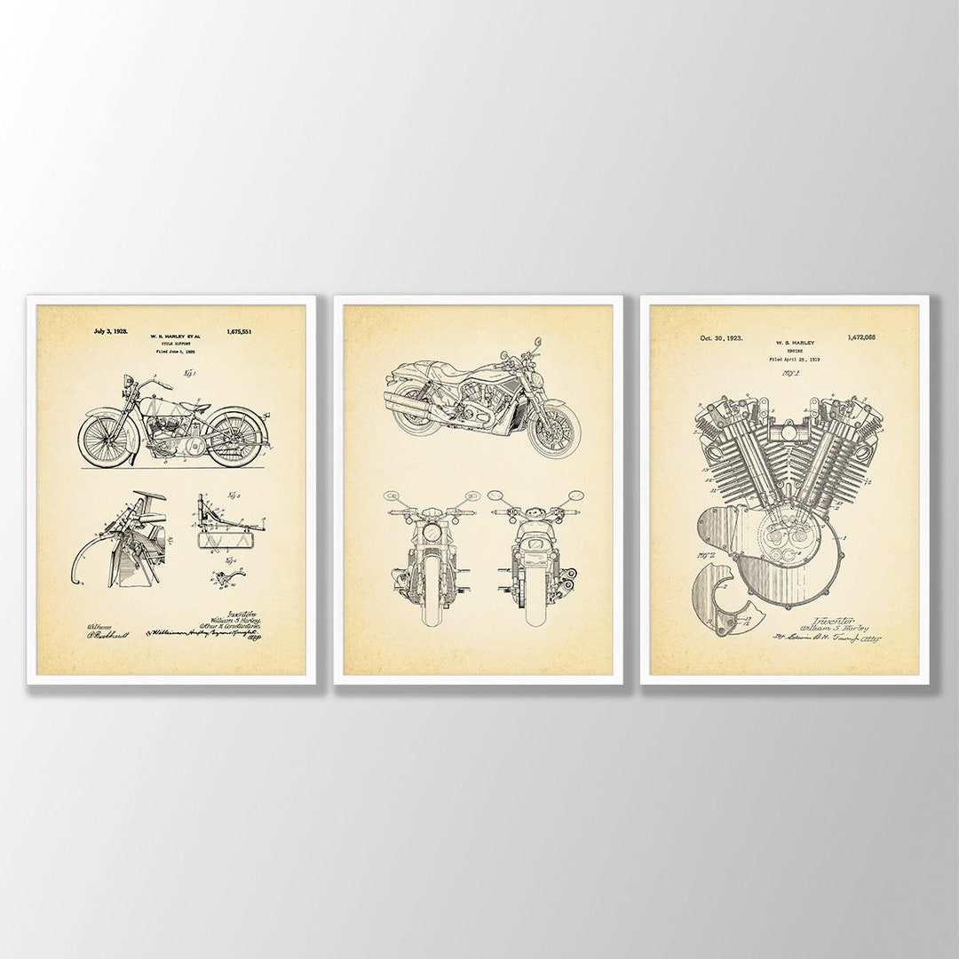 Harley Davidson Motorcycle Patent Art Prints - Set of 3 - Etsy