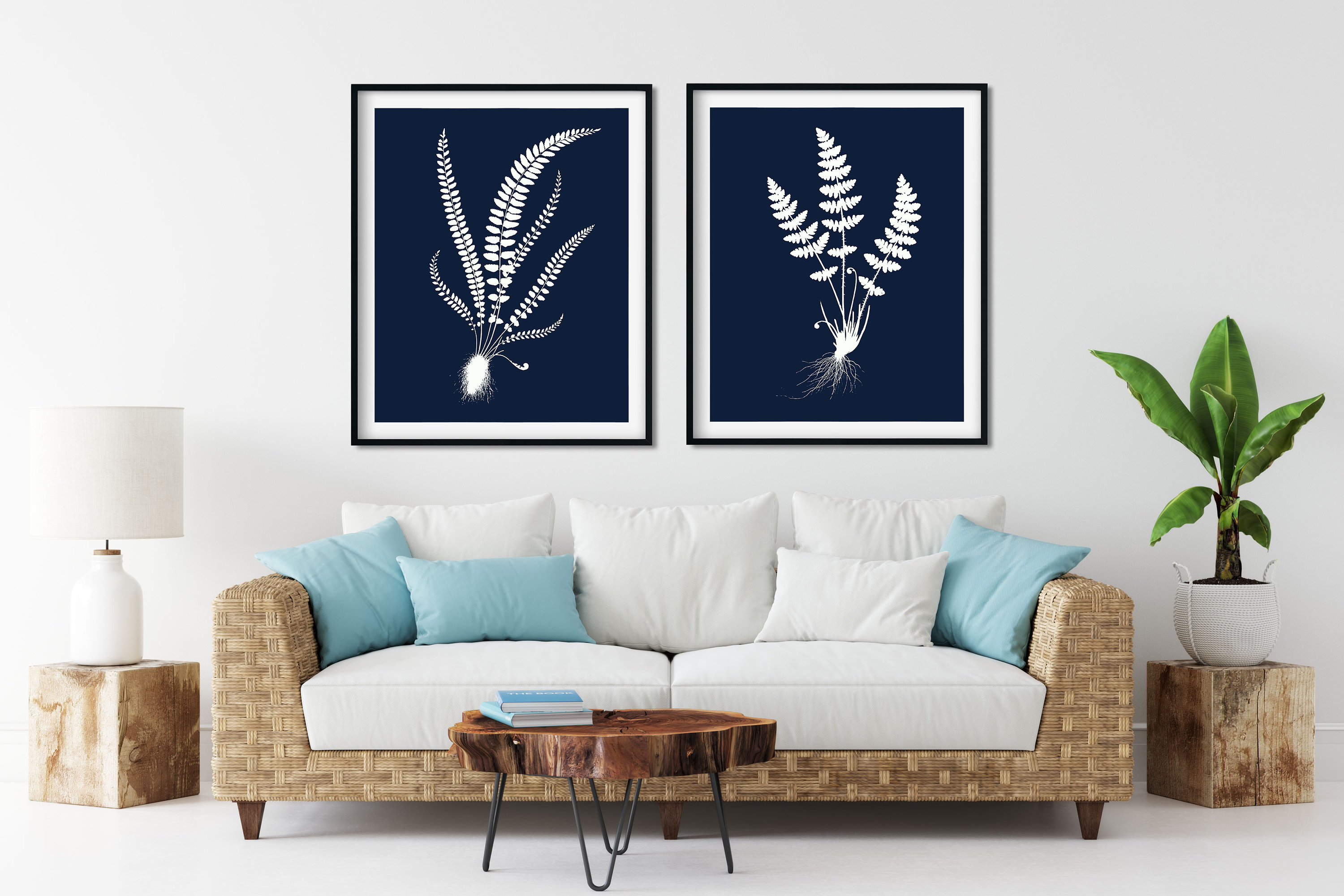 Navy Blue Fern Prints Set of 2 Watercolor Fern Decor - Etsy