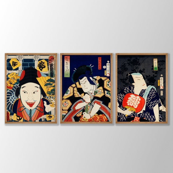 Japanese Prints Set of 3 Ukiyo Poster Woodblock Art | Etsy
