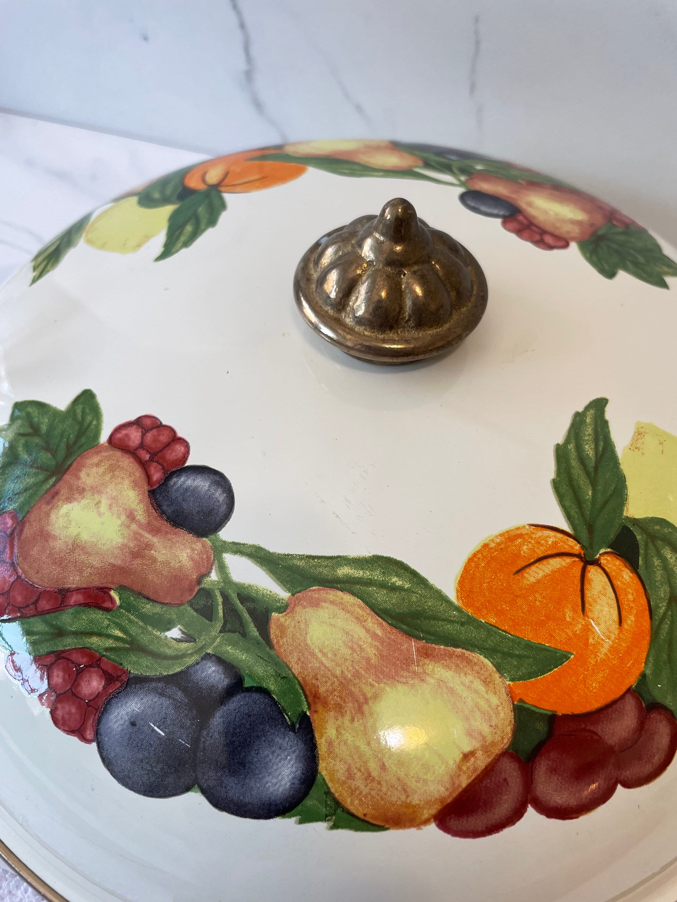 Vintage Regency Enamelware Dutch Oven Lid With Fruit Motif and Brass ...