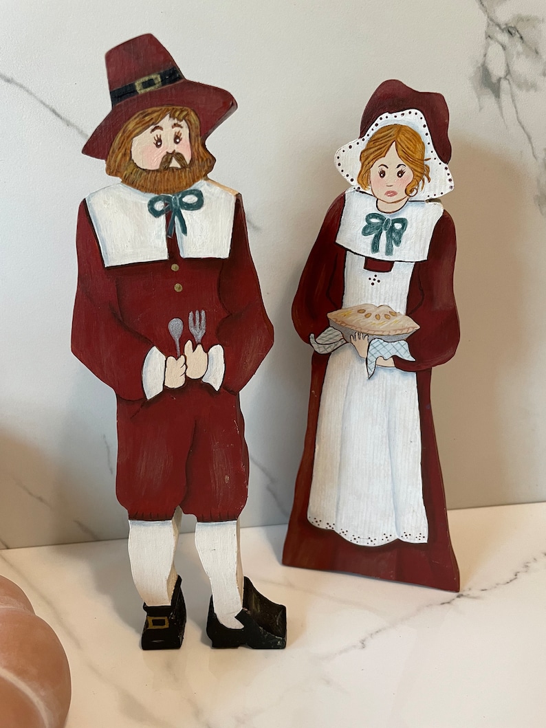 Vintage Thanksgiving Pilgrims Couple, Wood Pilgrims Fall Table Decor ...