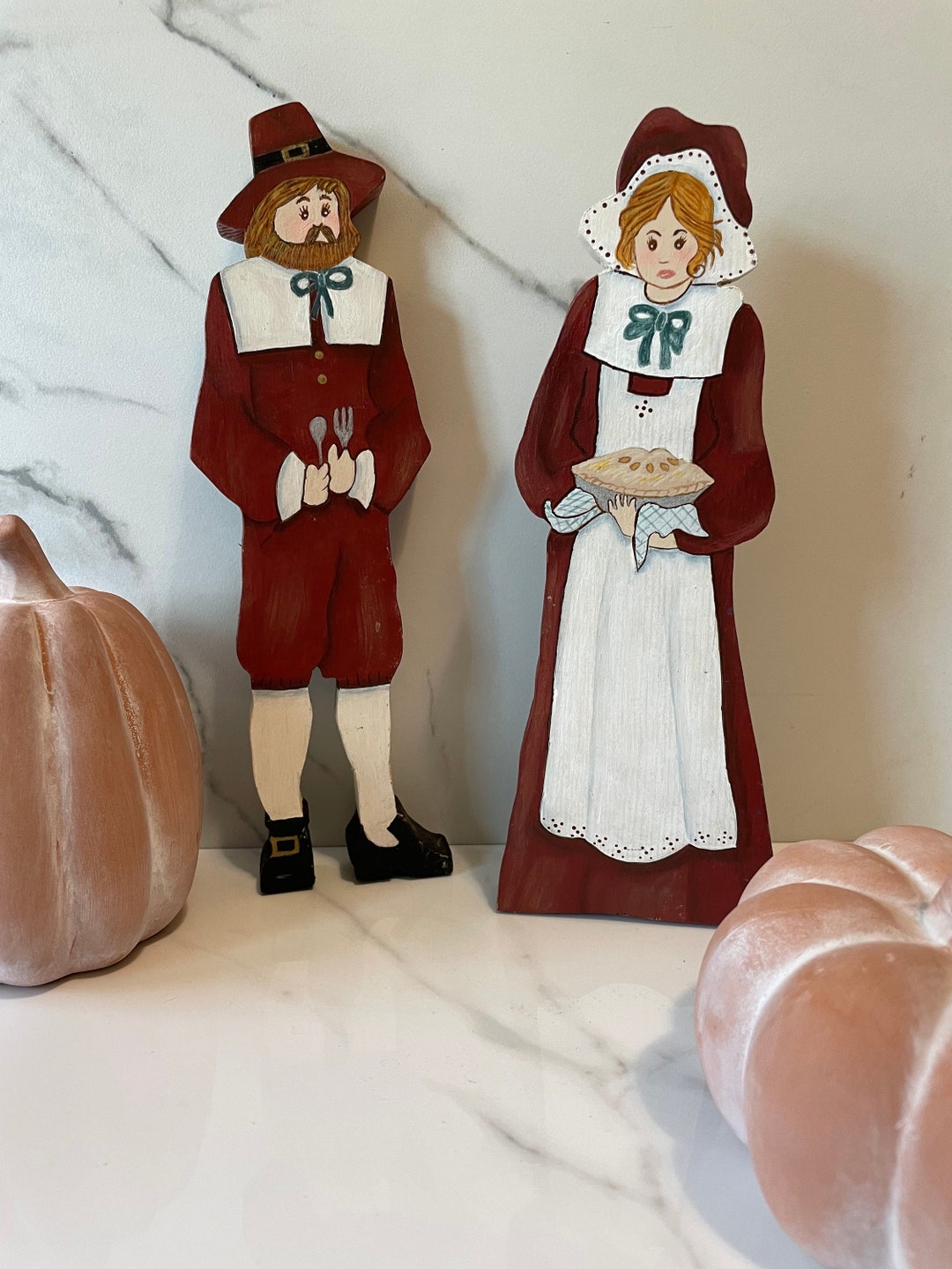 Vintage Thanksgiving Pilgrims Couple, Wood Pilgrims Fall Table Decor ...