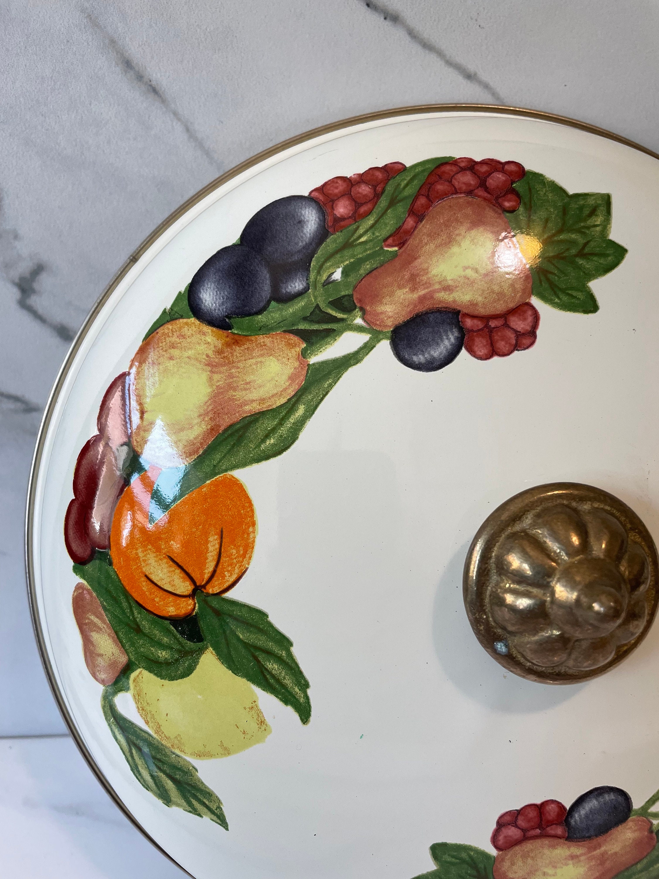 Vintage Regency Enamelware Dutch Oven Lid With Fruit Motif and Brass ...