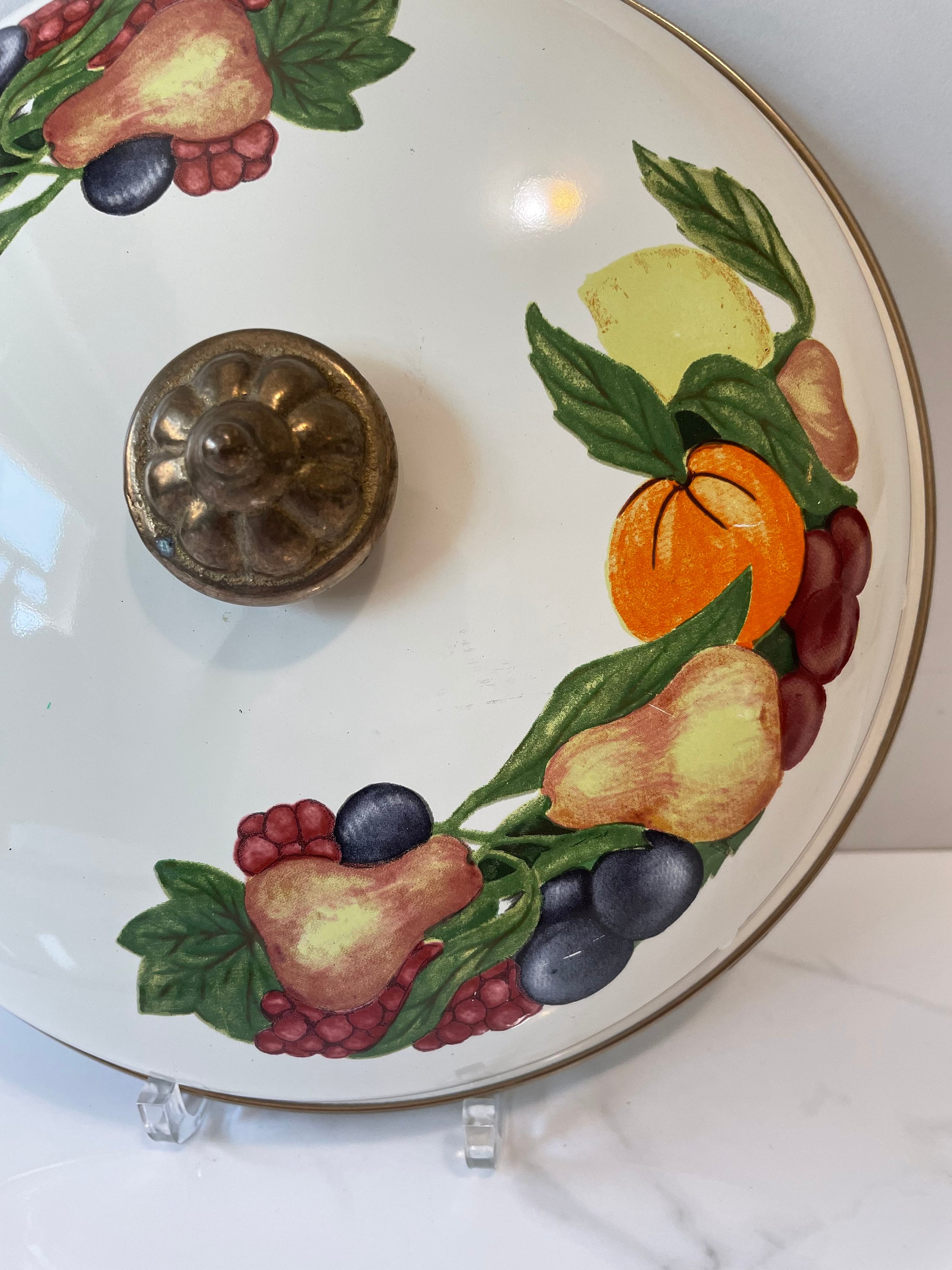 Vintage Regency Enamelware Dutch Oven Lid With Fruit Motif and Brass ...