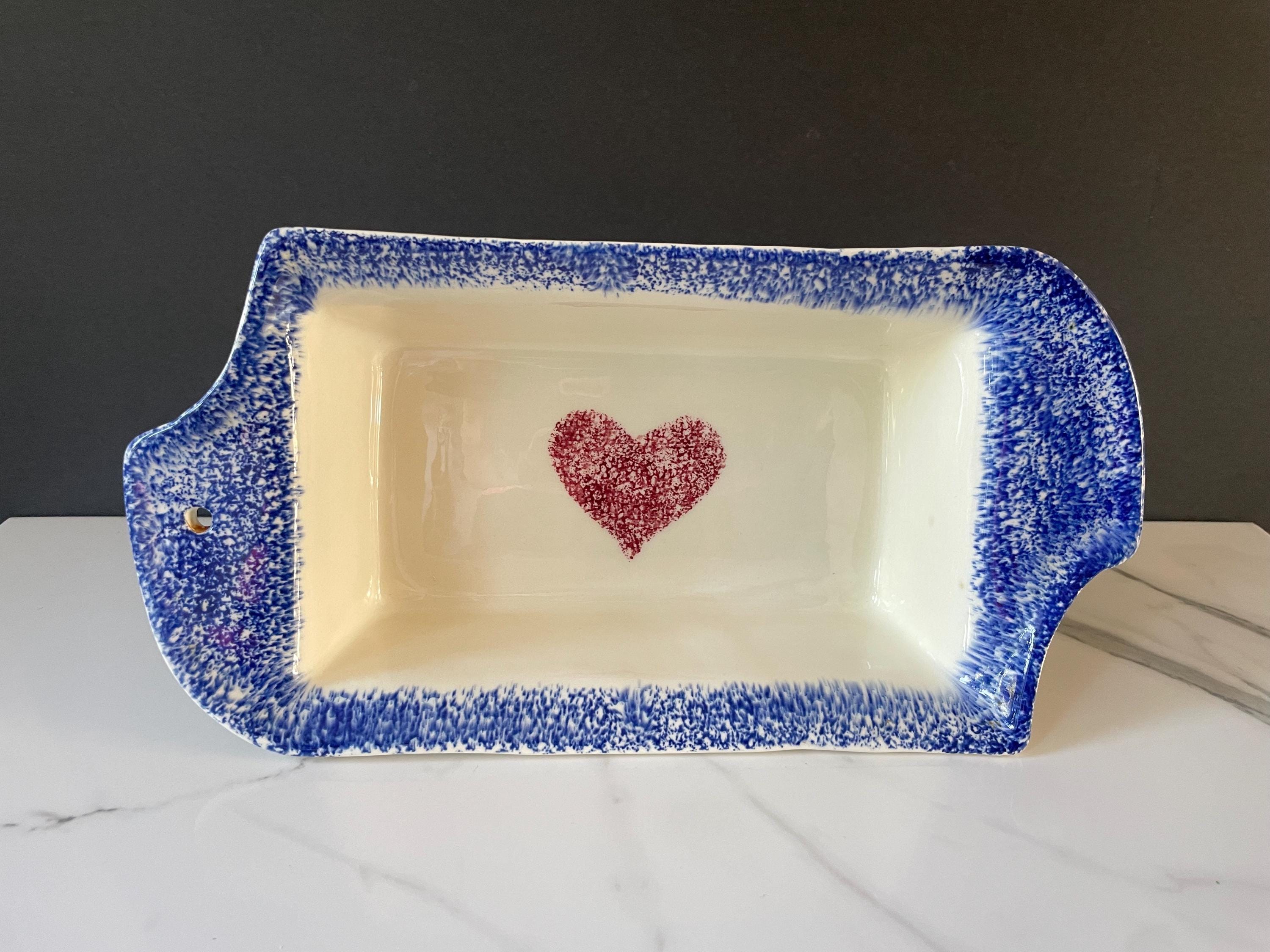 Flat Earth Pottery Vintage Blue Sponge Paint Heart Design Ceramic ...