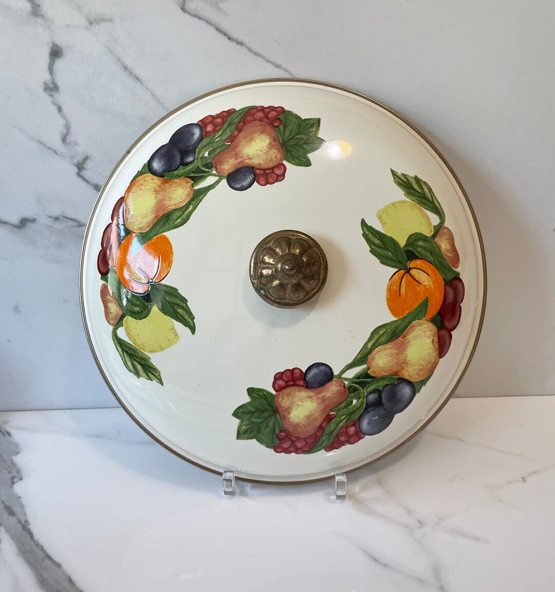 Vintage Regency Enamelware Dutch Oven Lid With Fruit Motif and Brass ...