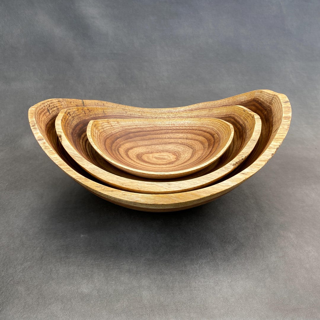 Nested Three Bowl Set; 16.5", 13", 10" Nesting Bowls; Mimosa Wood ...