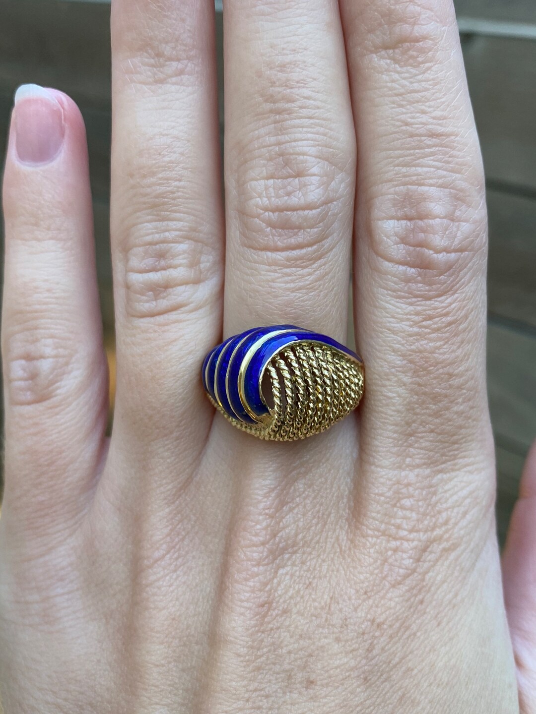 Vintage Solid 18k Yellow Gold Blue Enamel Dome Ring - Size 8 - Quality ...