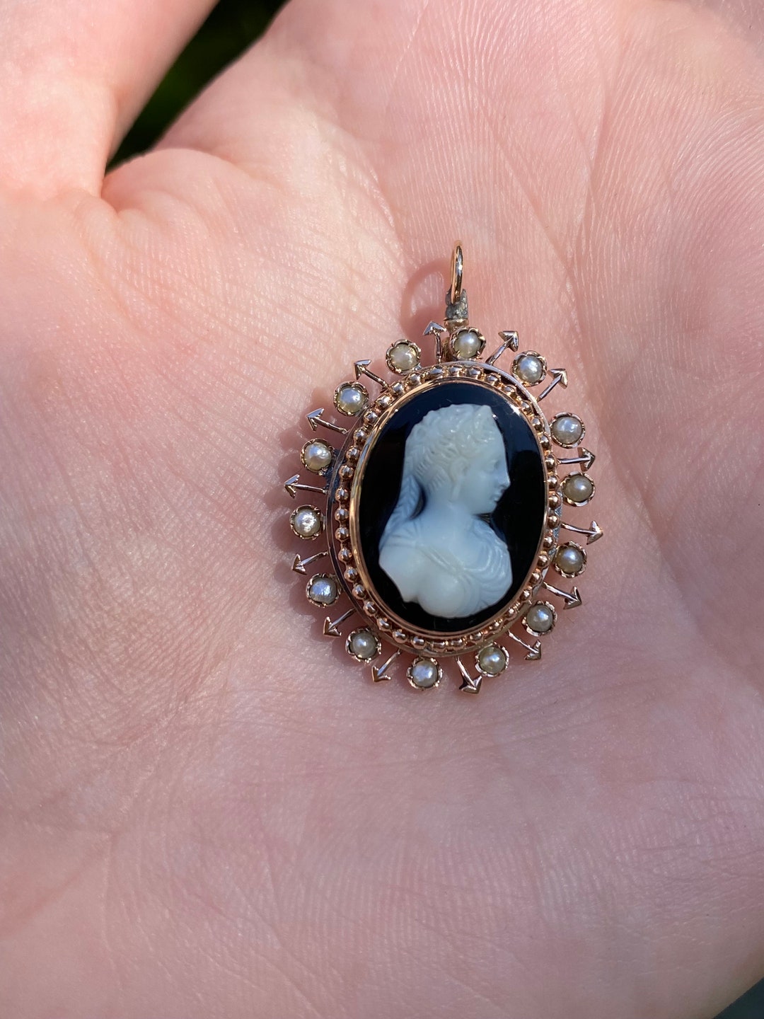 Vintage Solid 10k Rosey Gold Seed Pearl Halo Cameo Brooch Charm Quality ...
