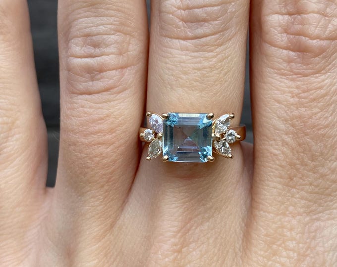 Vintage Solid 14k Yellow Gold Light Blue Quartz Diamond Ring - Size 6 ...