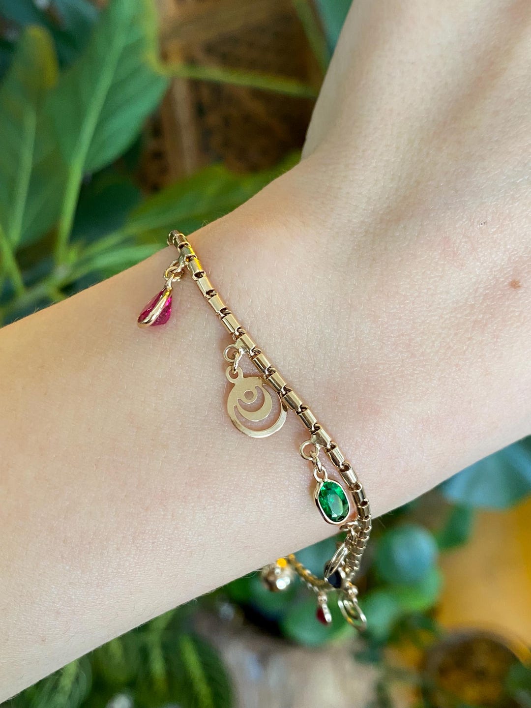 Vintage Solid 14k Rosey Gold Sapphire Ruby Emerald Barrel Link Charm ...