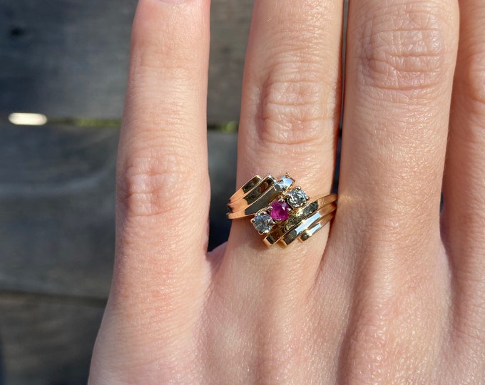 Vintage Solid 14k Yellow Gold Topaz and Ruby Ring Size 5.75 Statement ...