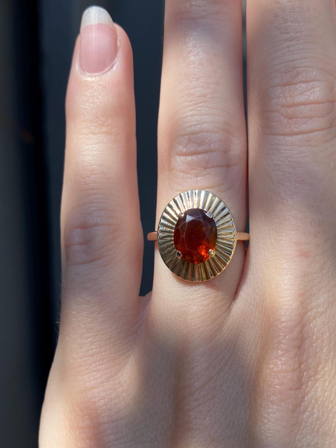 Vintage Solid 14k Yellow Gold Engine Turned Orange Garnet Ring - Size 5 ...