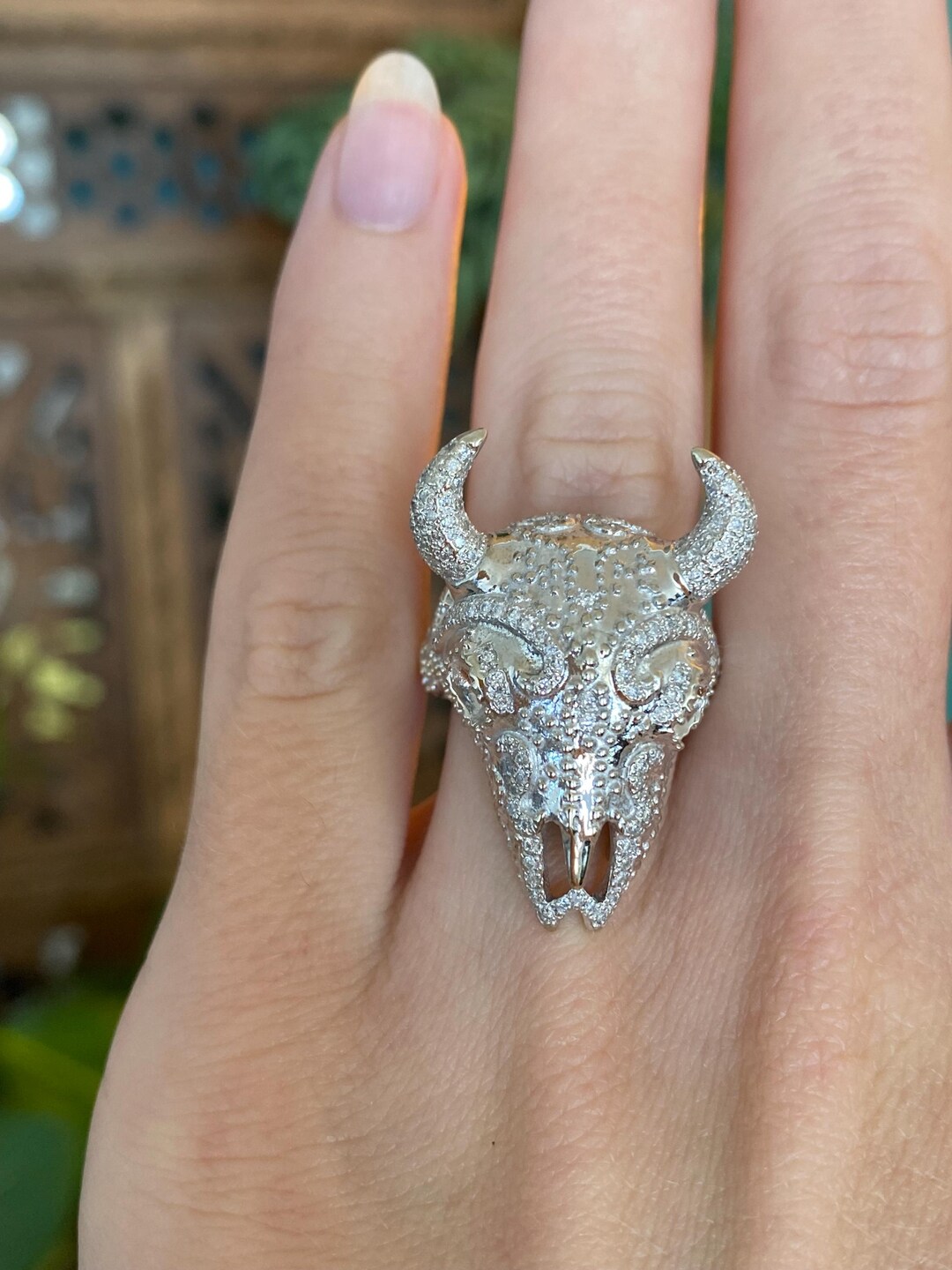 Vintage Solid 14k White Gold Diamond Cow Skull Ring - Size 5.25 - Fine ...
