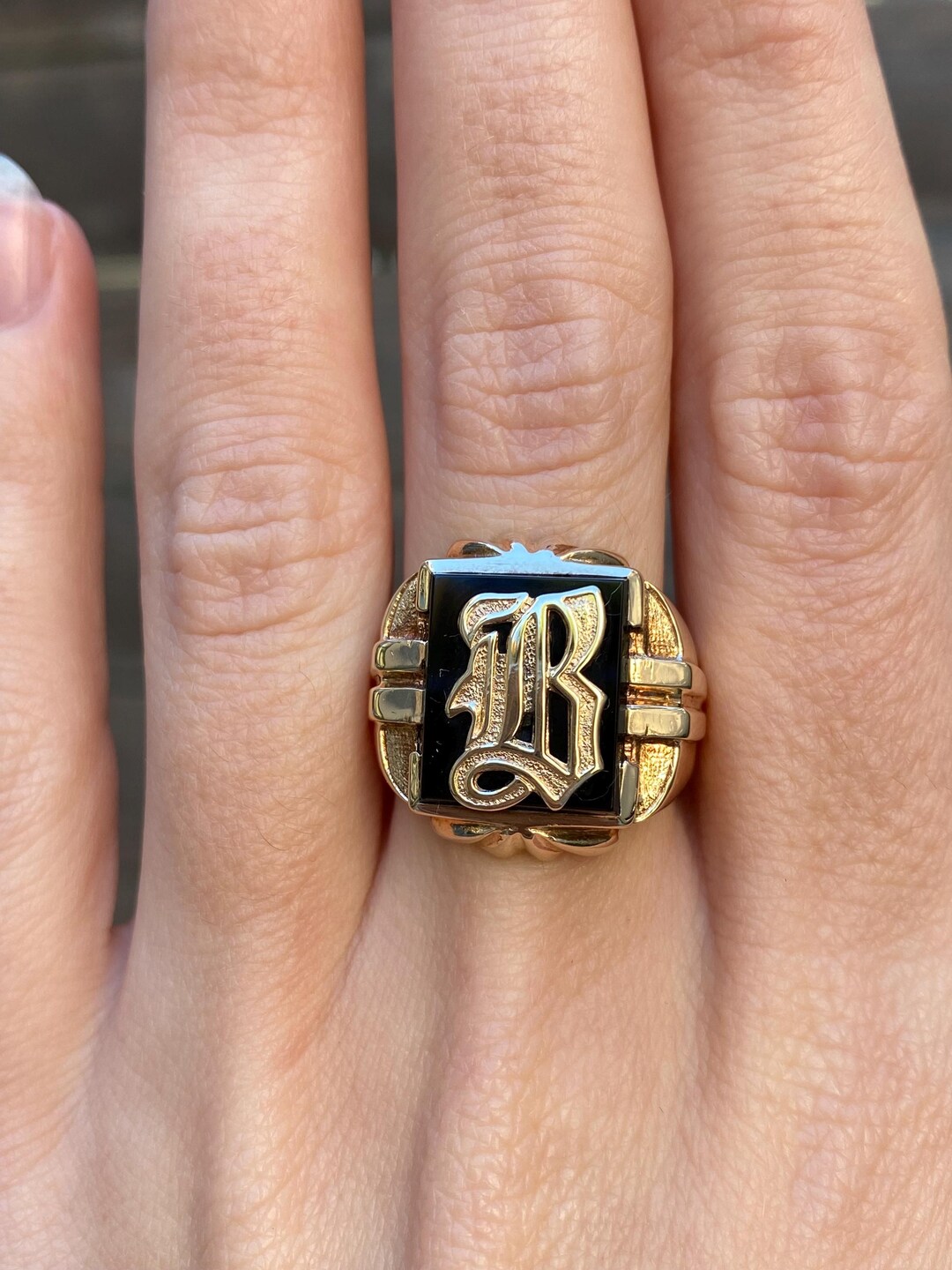 Vintage Solid 10k Yellow Gold Onyx Initial 'B' Signet Ring - Size 8 ...
