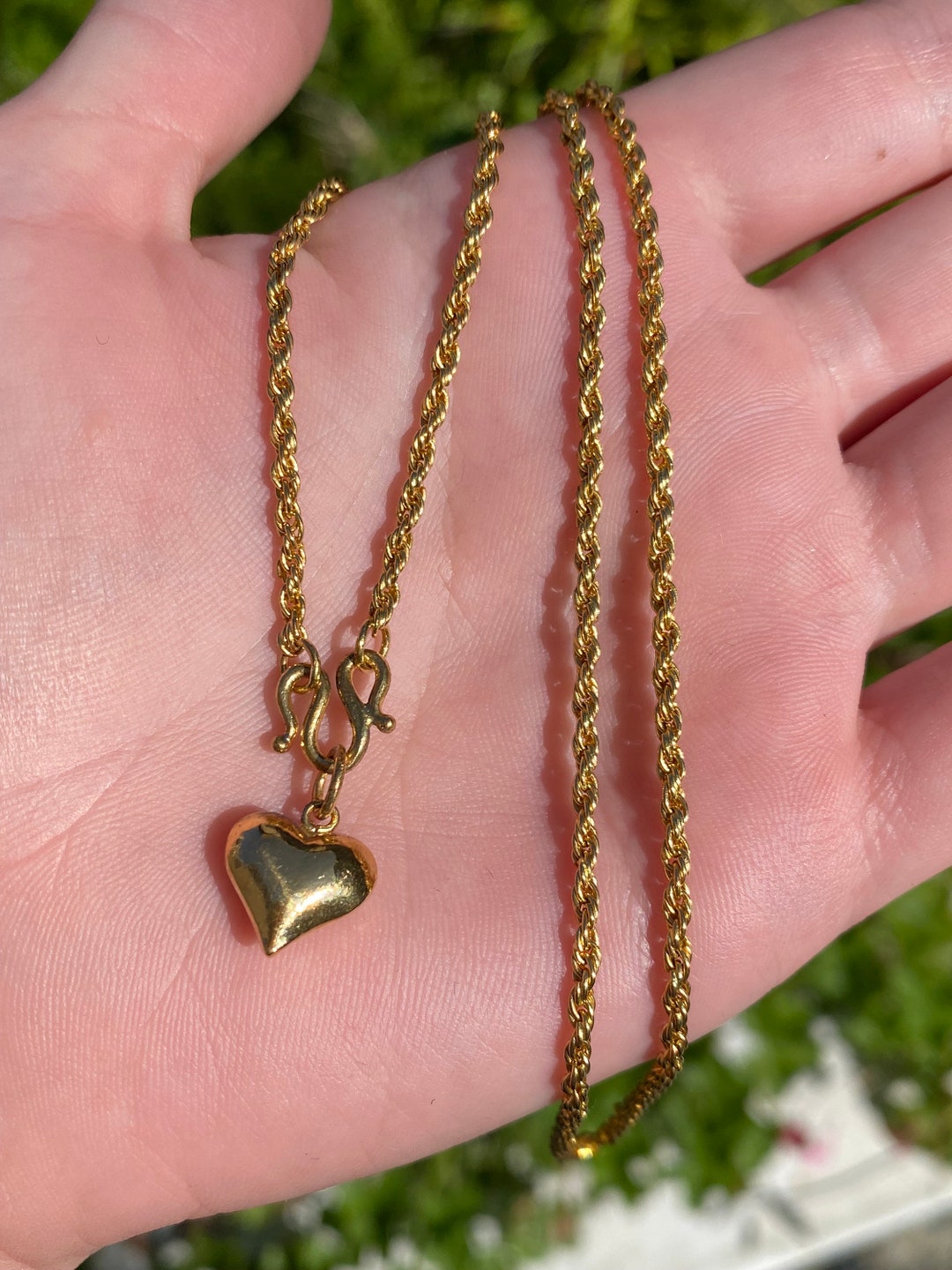 Vintage Solid 23k Yellow Gold Rope Chain Necklace With 24k Heart Charm ...