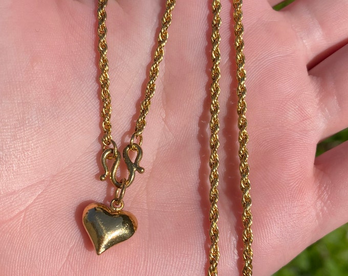 Vintage Solid 23k Yellow Gold Rope Chain Necklace With 24k Heart Charm ...