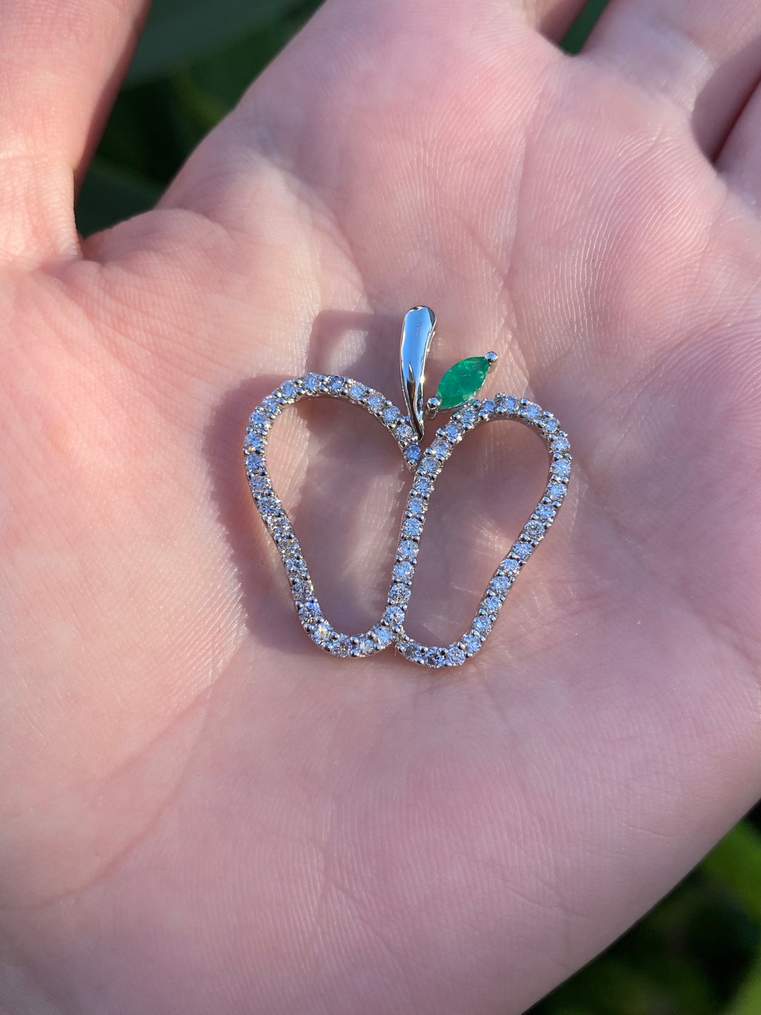 Vintage Solid 14k White Gold Diamond & Emerald Apple Charm Pendant for ...