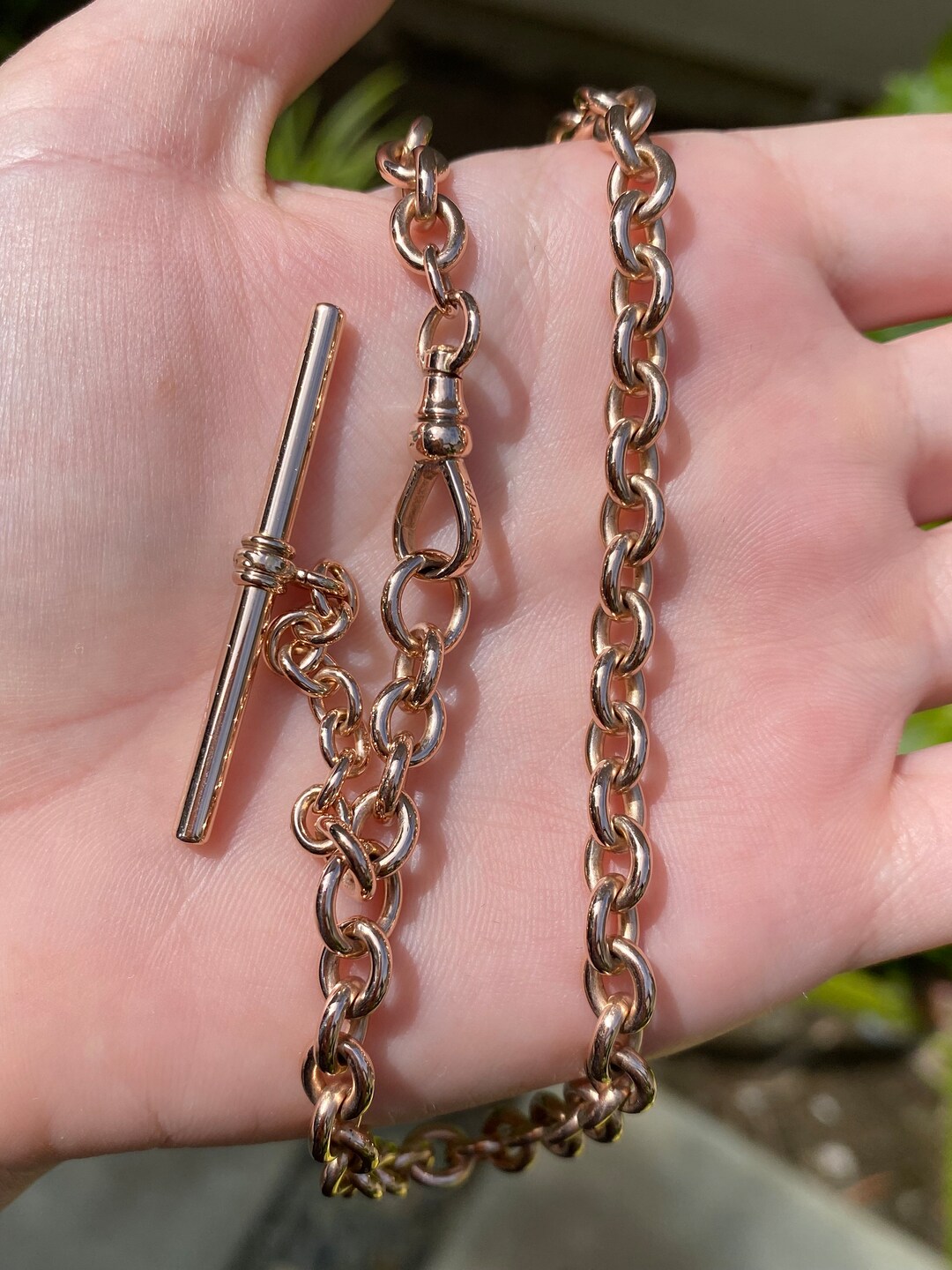 Vintage Solid 14k Rosey Gold Chunky Cable T Bar Watch Chain - 12 Inches ...