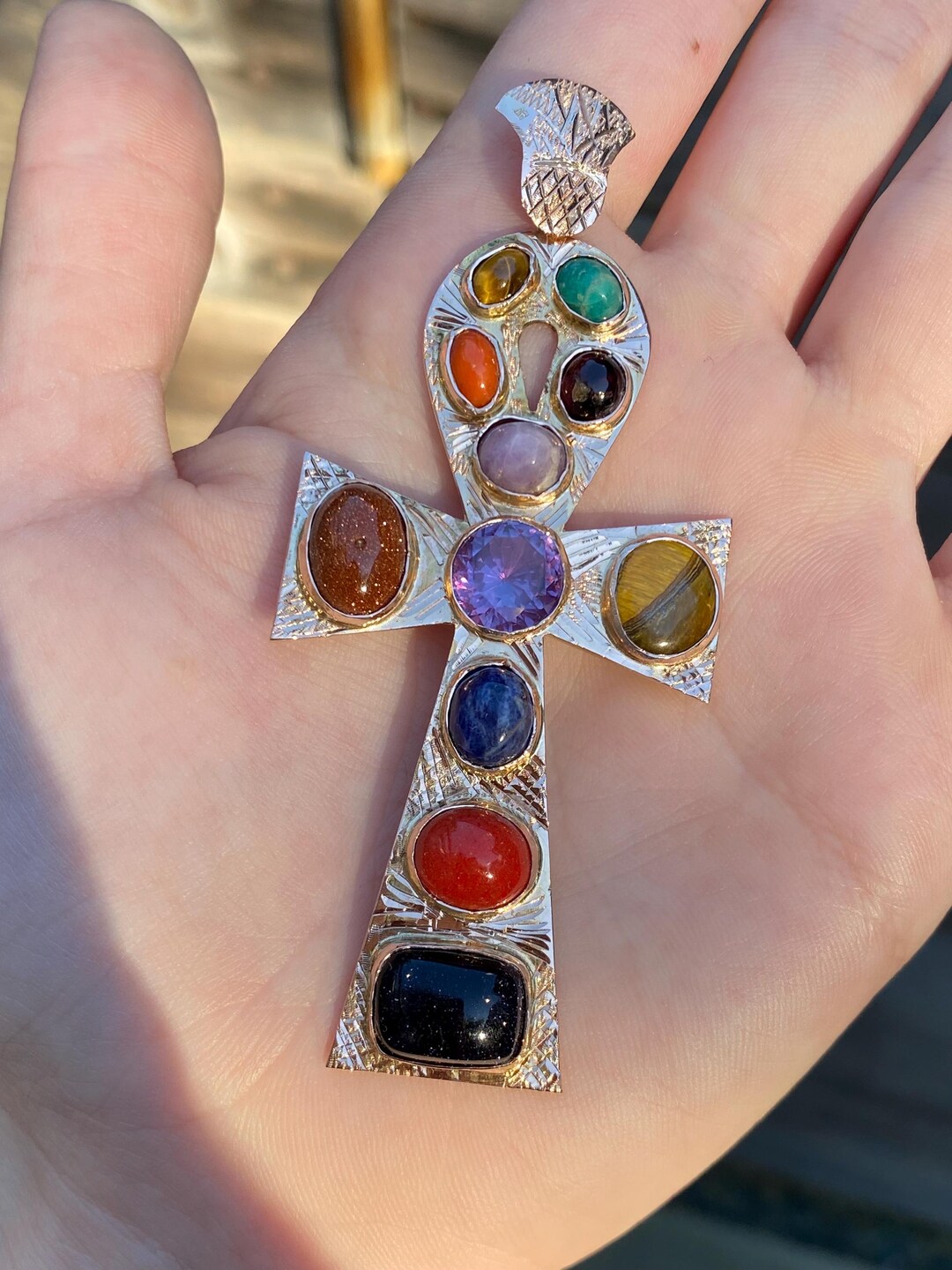 Solid 14k Rosey Gold Tigers Eye Goldstone Blue Lapis Coral Amethyst ...