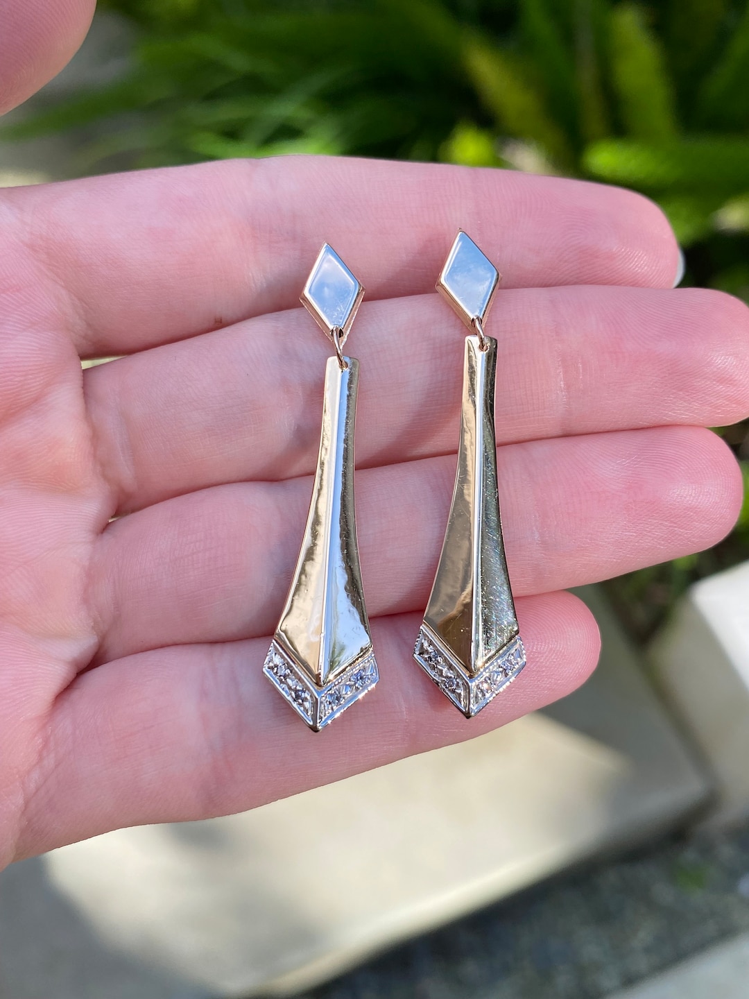 Vintage Solid 14k Yellow & White Gold Diamond Drop Dangle Earrings - Fine Estate Jewelry - Real ...