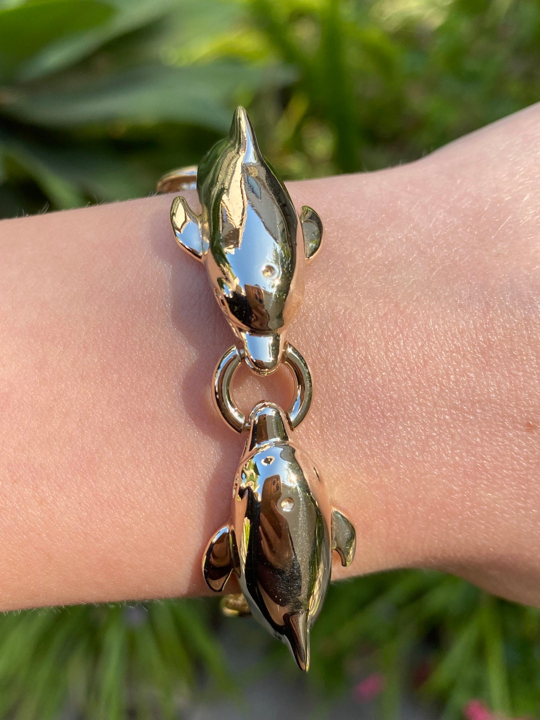Vintage Solid 14k Yellow Gold Dolphin Bracelet 7.25 Inches Fine Estate ...