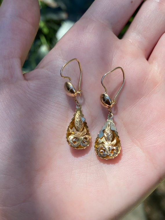 Vintage Solid 14k Yellow Gold Scalloped Leaf Teardrop Dangle Earrings Quality Fine Estate Jewelry Real Genuine Gold Etsy