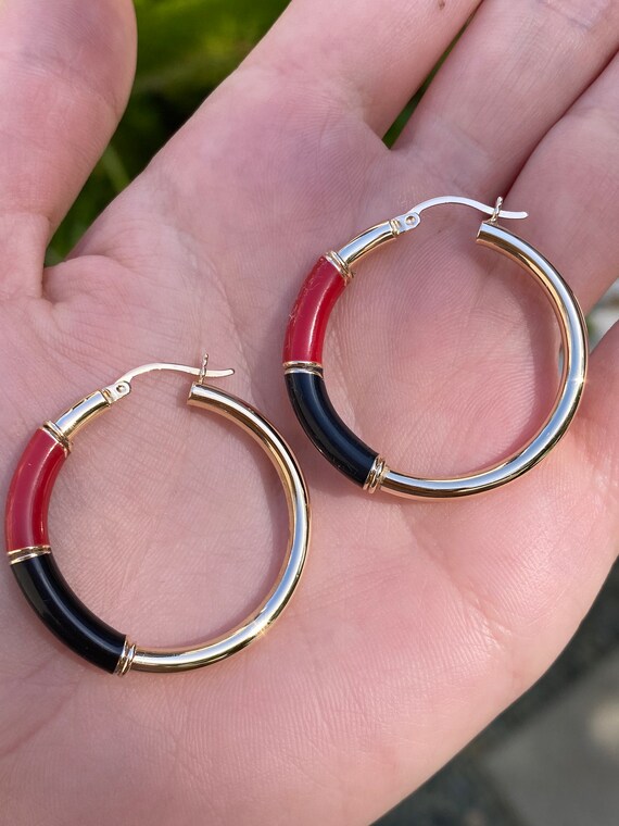 Vintage 14k Yellow Gold Red Black Enamel Hoop Earrings Fine Estate Jewelry Real Genuine Gold Etsy