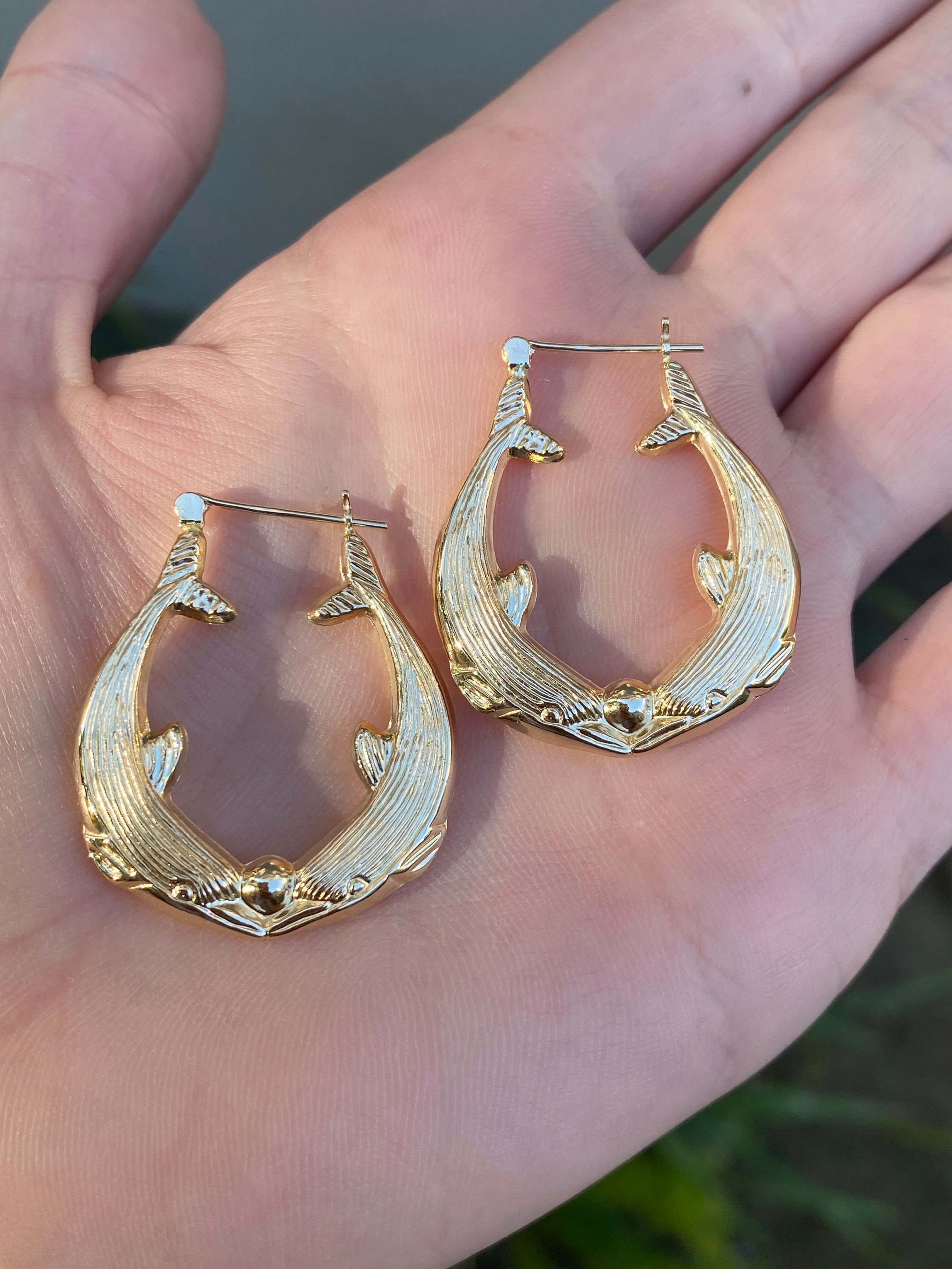 Vintage 14k Yellow Gold Large Dolphin Hoop Earrings Quality Fine Estate Jewelry Real Genuine Gold Animal Ocean Etsy