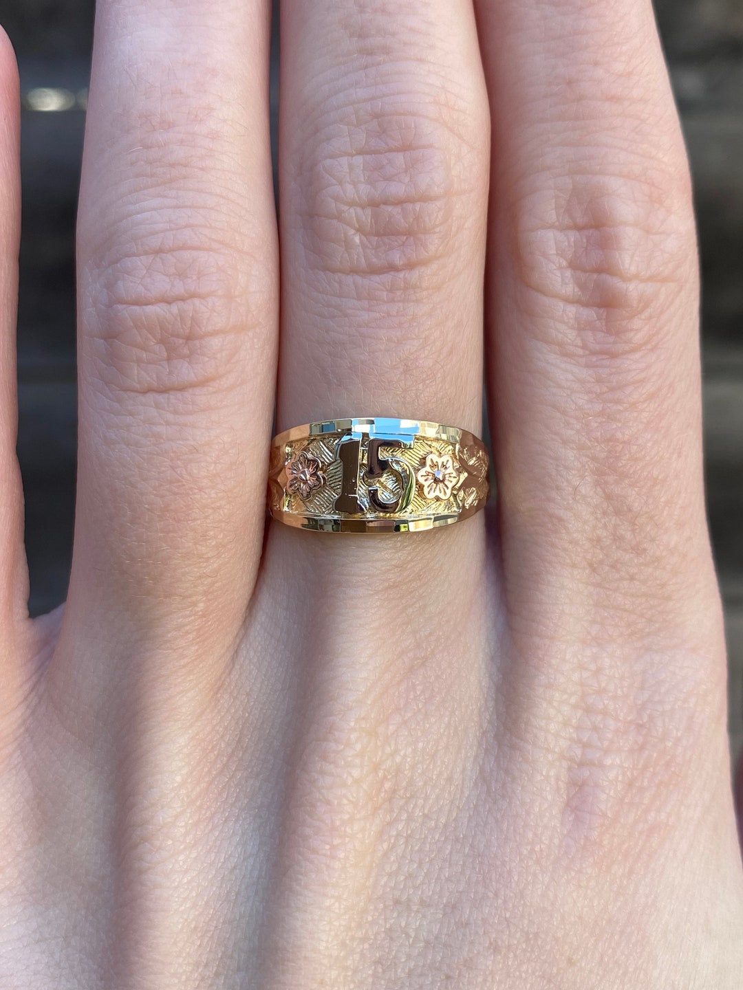 Vintage Solid 12k Tri Tone Gold Floral 15 Quinceanera Ring Band - Size ...