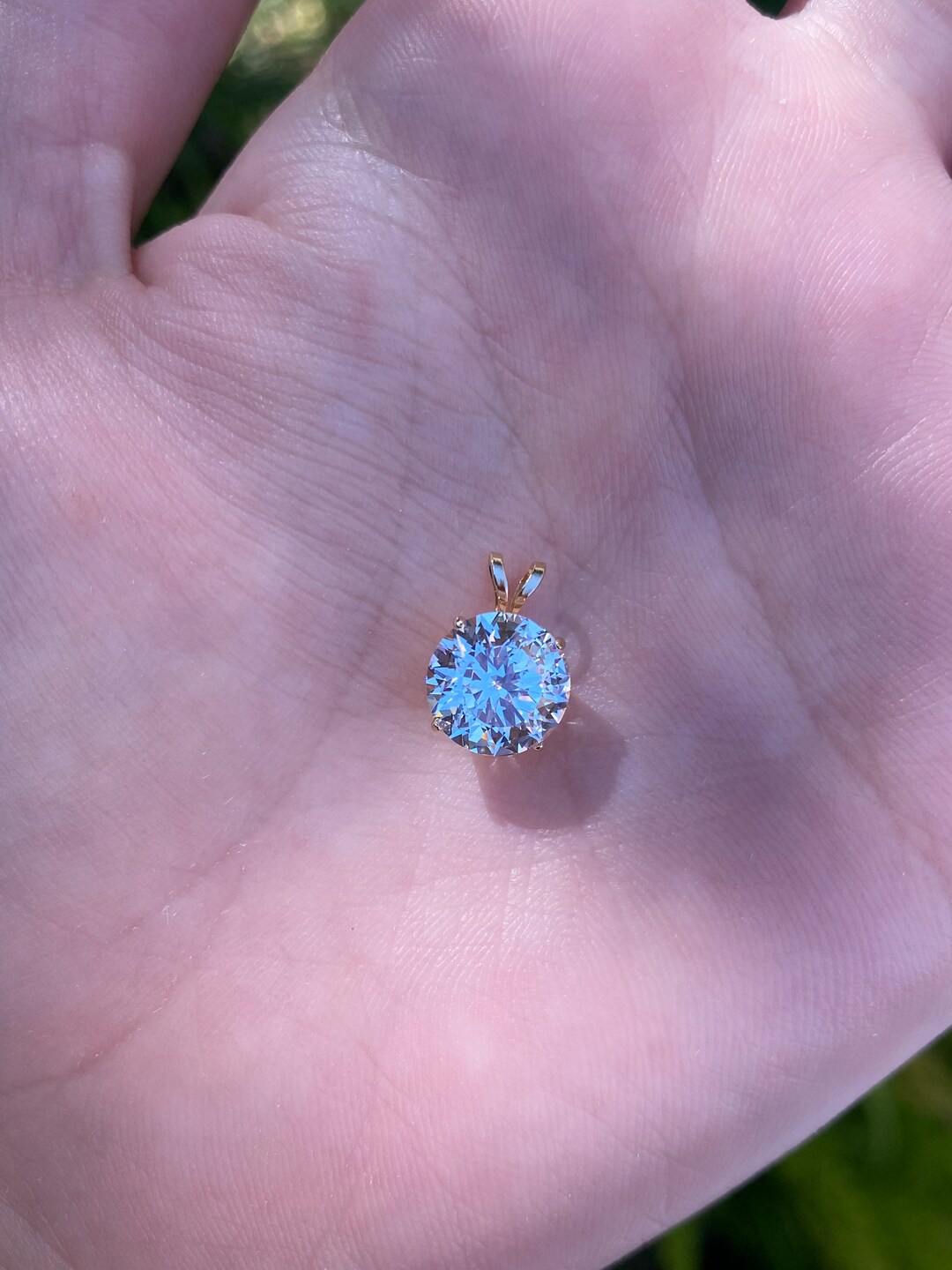 Solid 14k Yellow Gold Round Glass Stone Pendant Cubic Zirconia Charm ...