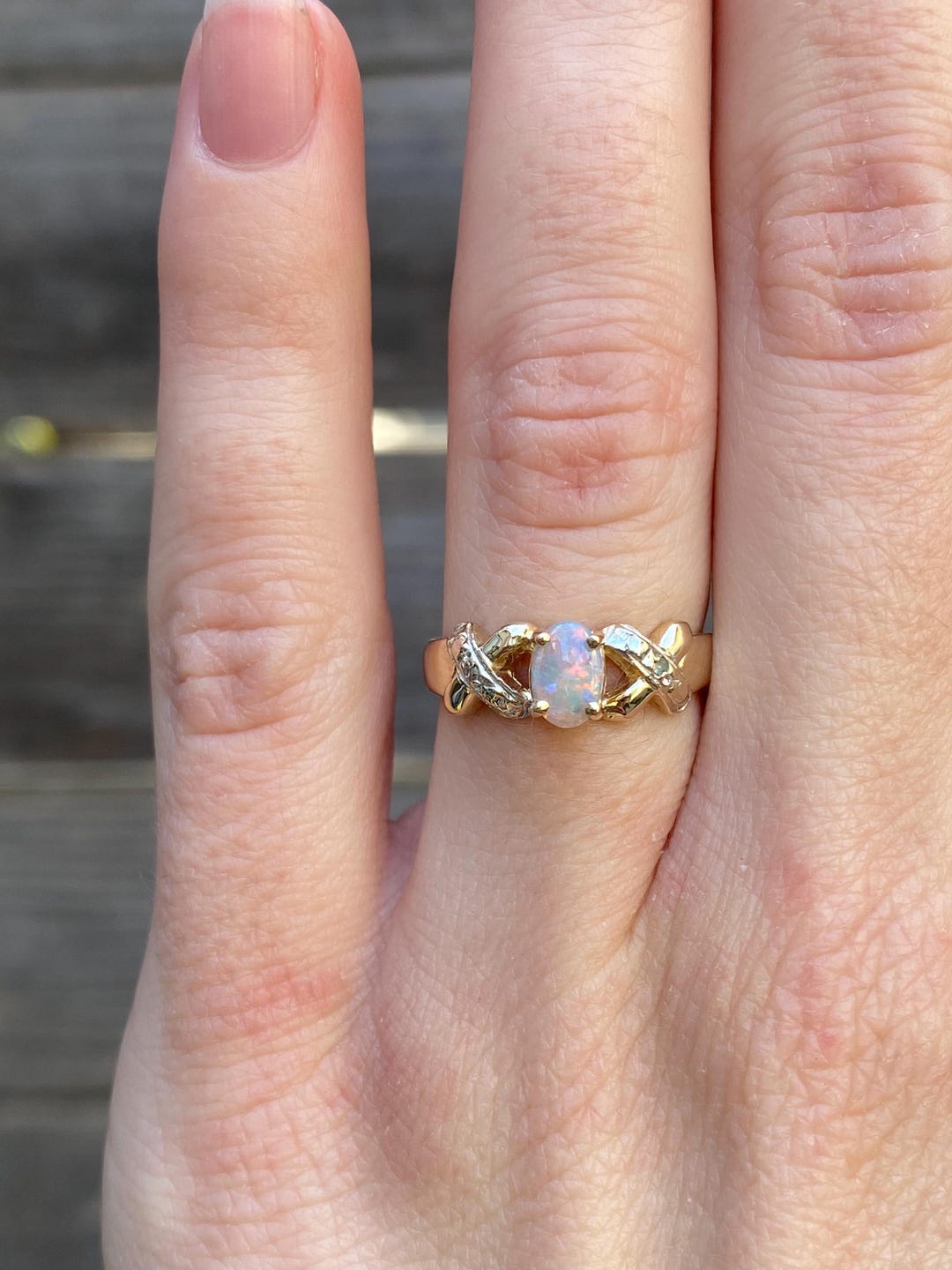 Vintage Solid 10k Yellow Gold Diamond Opal XO Ring Band - Size 5.5 ...