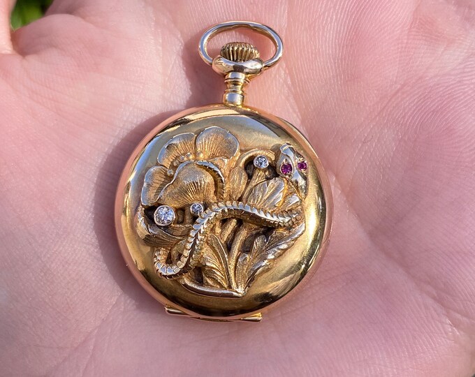 Vintage Solid 14k Yellow Gold Diamond Snake Pocket Watch Charm - Fine ...