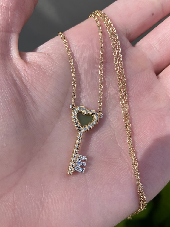 Vintage 14k Yellow Gold Diamond Key Necklace - Fine … - Gem
