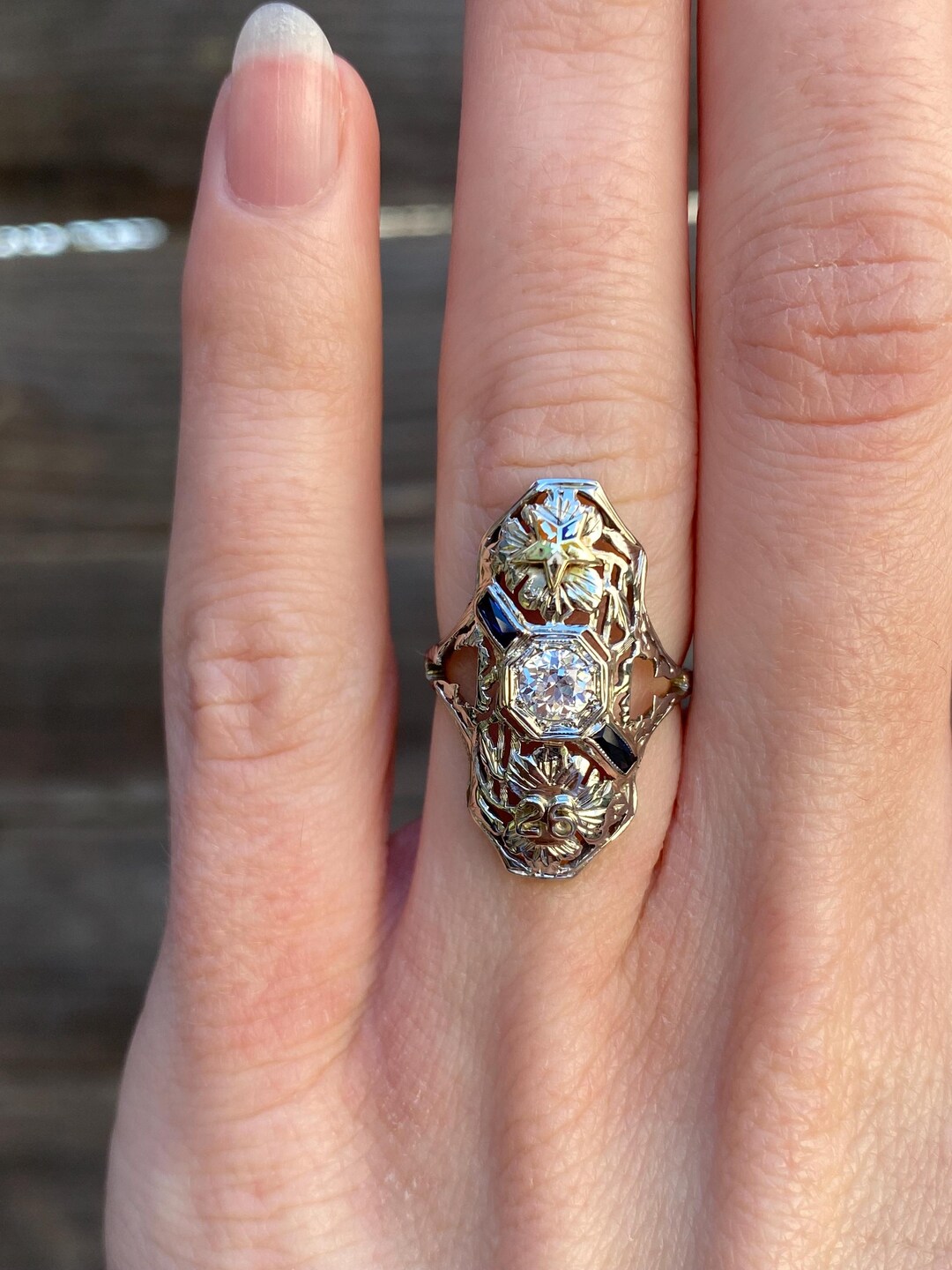 Vintage Solid 18k White Gold Diamond Sapphire Freemason Art Deco Ring ...