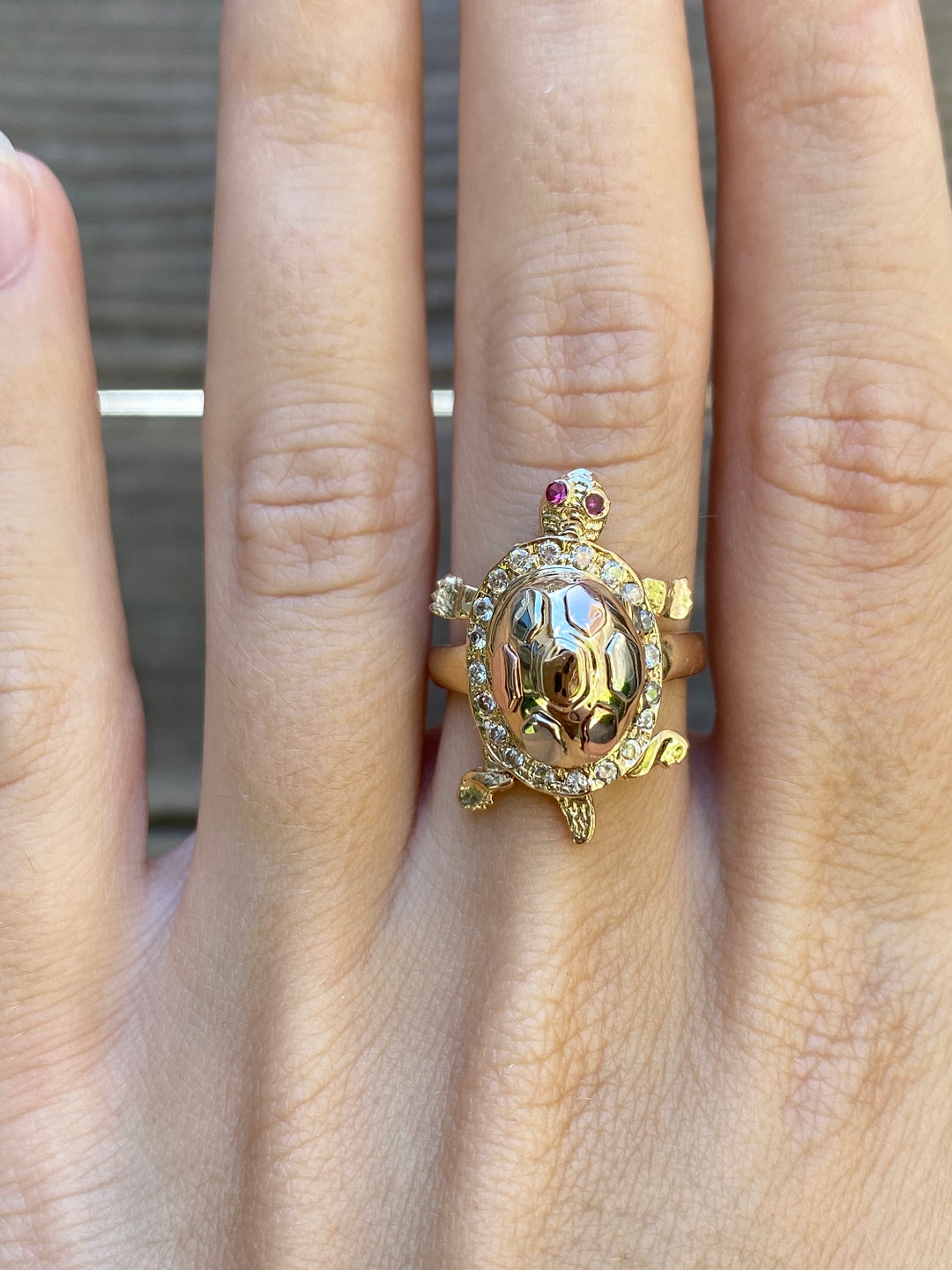 Vintage Solid 14k Tri Tone Gold Red Spinel Cubic Zirconia Turtle Poison Ring Size 7.25 Quality ...