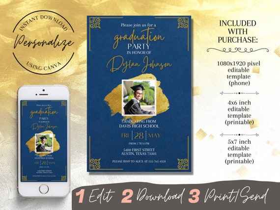 EDITABLE Blue and Gold Digital Graduation Party Invitation - Etsy