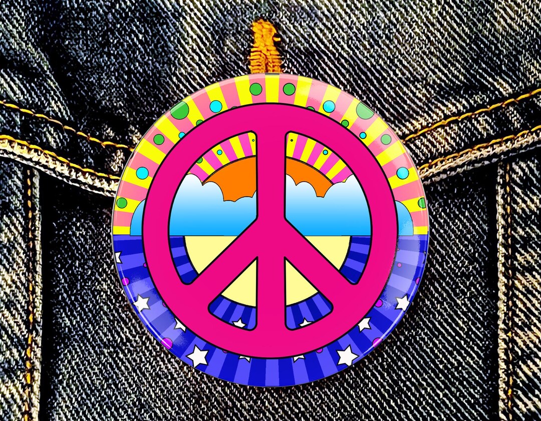PEACE SIGN BUTTON - in the Manner of Peter Max - 2-1/4" Diameter ...