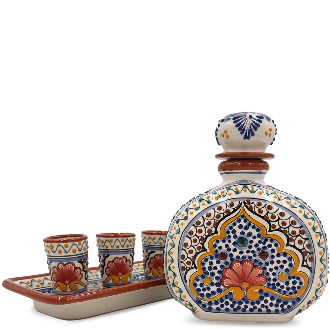 Talavera Tequila Decanter Set, Mexican Ceramic Bottle + 4 Shot Glasses ...