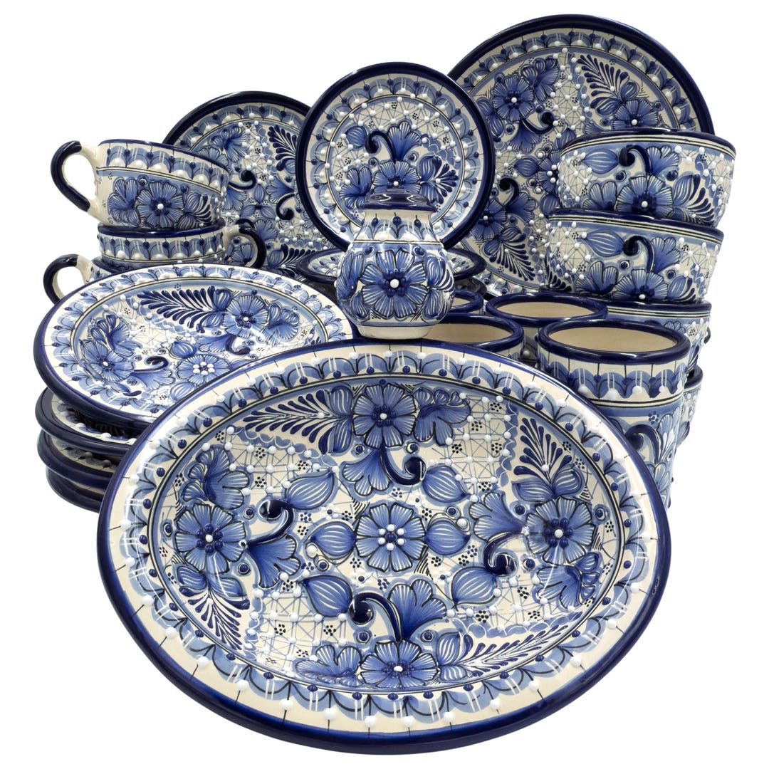 Talavera Dinnerware Set 35-piece, Service for 4, Hand-painted Blue ...