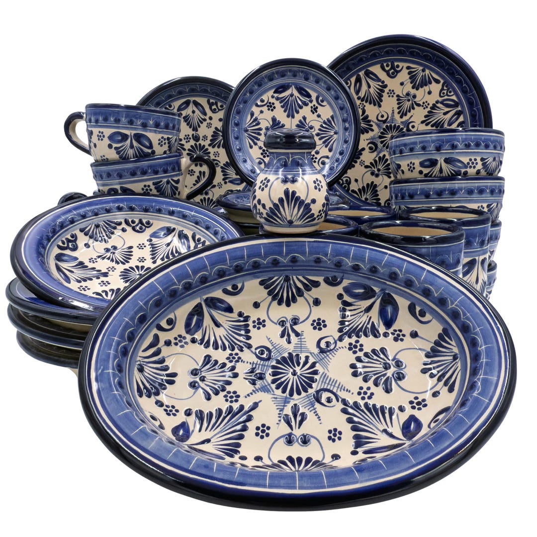 Talavera Dinnerware Set 35-piece, Service for 4, Blue & White Mexican ...